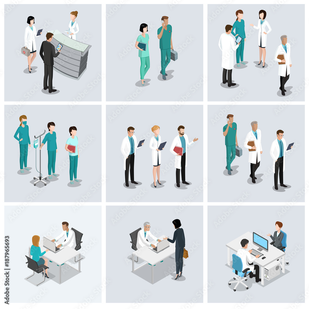 Flat isometric Healthcare vector set. Doctor nurse patient Stock Vector ...