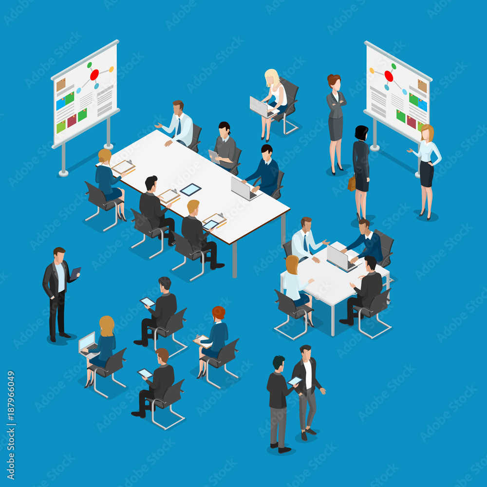 Meeting room presentation work flat vector isometric interior Stock ...