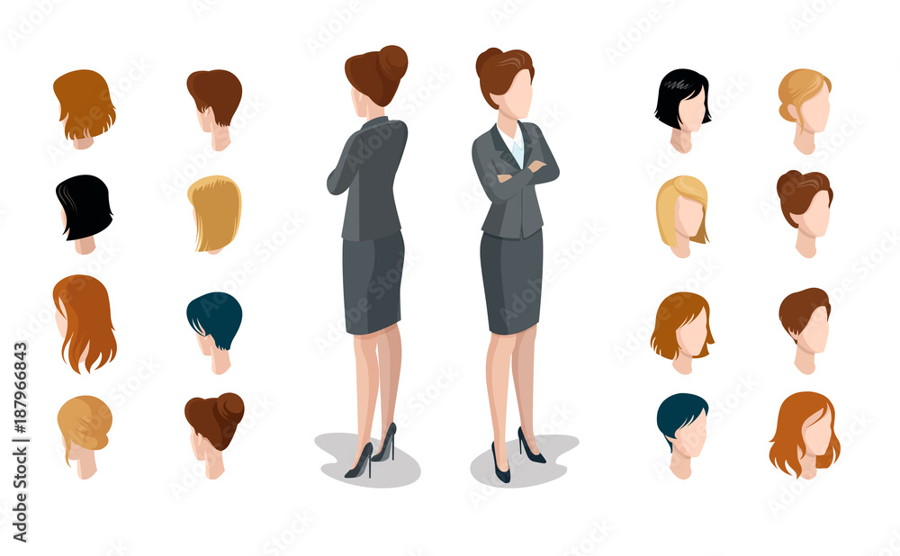 Flat isometric head face types woman hair style constructor vector ...