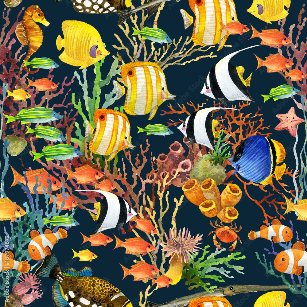 coral reef seamless pattern. underwater world background. cartoon sea ...