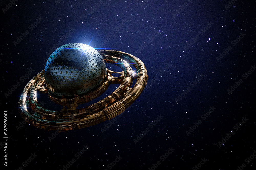 UFO, alien spaceship in outer space, fling saucer in front of the stars ...