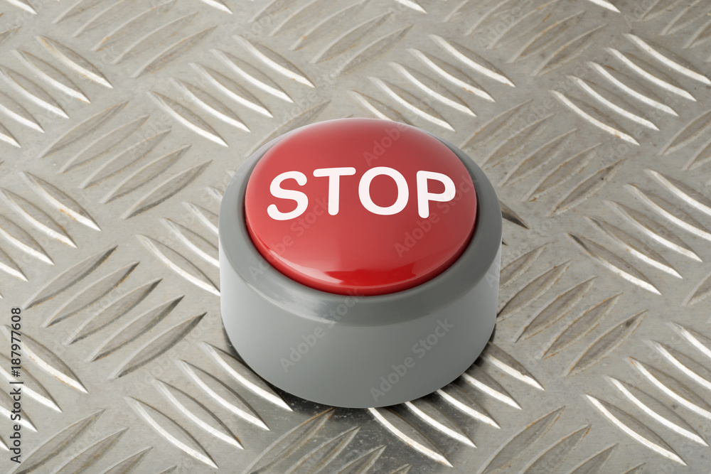Red Push Button Labeled 'Stop' on Aluminum Diamond Plate Background ...