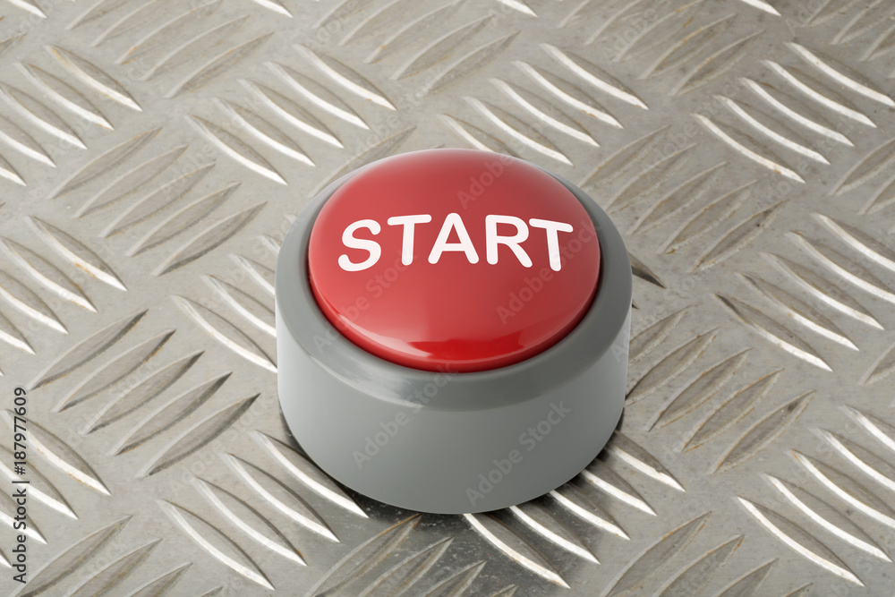 Red Push Button Labeled 'Start' on Aluminum Diamond Plate Background ...