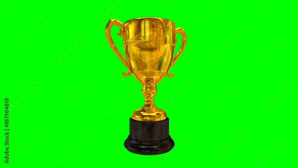 Animated shinning golden trophy with handles and base spinning against ...