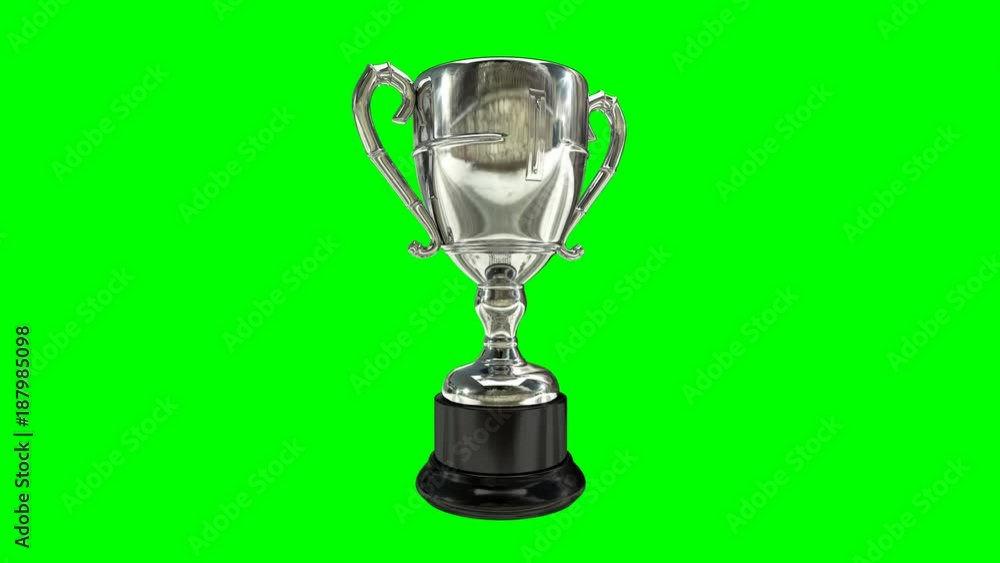 Animated shinning silver trophy with handles and base spinning against ...