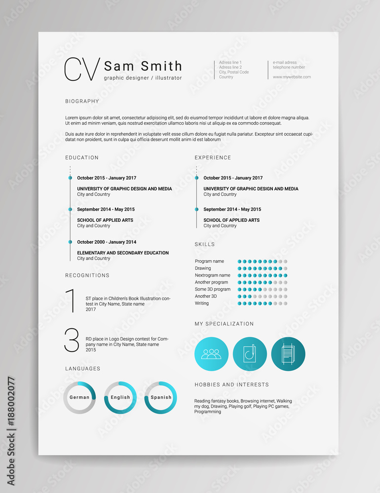 Elegant minimalistic modern vector resume or CV template designed on A4 ...