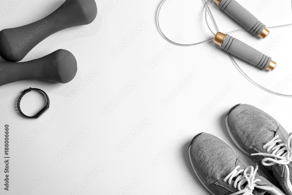 Gym stuff and blank space for exercise plan on white background. Flat ...