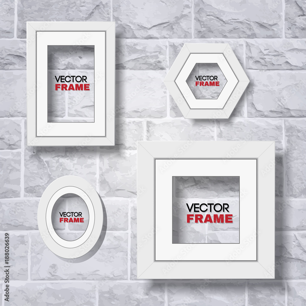 Set of realistic modern white picture or certificate frames on white brick wall - A4, square ...