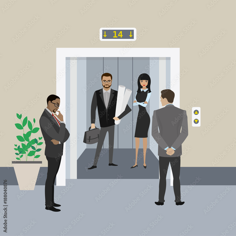 Cartoon business people in elevator and near, lift with open doors ...