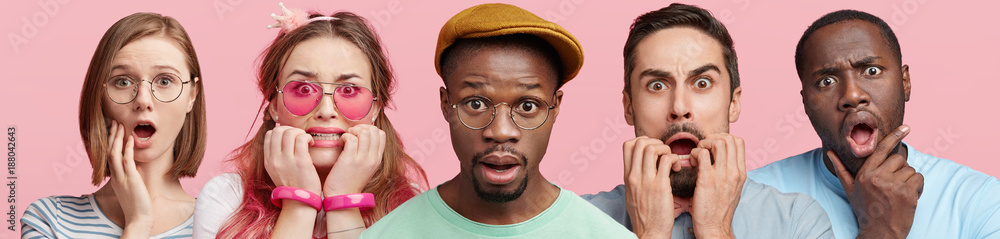 Surprised and nervous multiethnic people look directly into camera ...