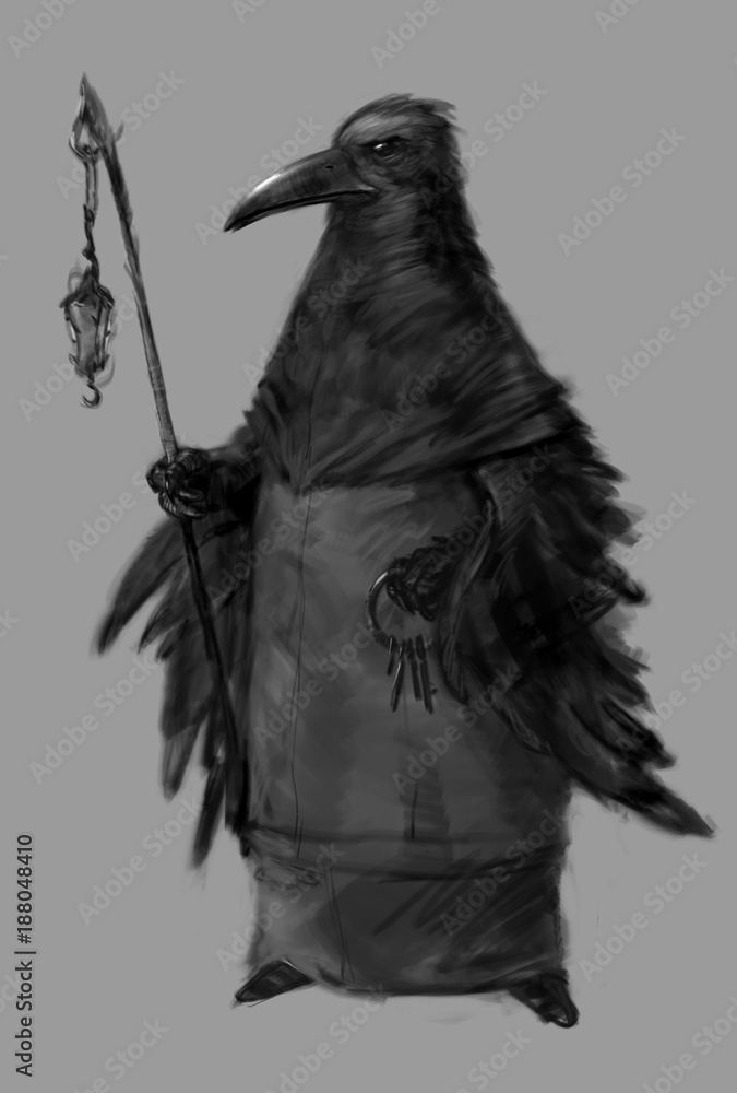 Wizard of crows with a staff and keys. Illustration of an anthropoid in ...