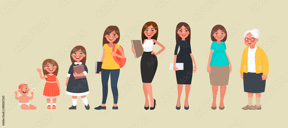 Character of a woman in different ages. A baby, a child, a teenager, an ...