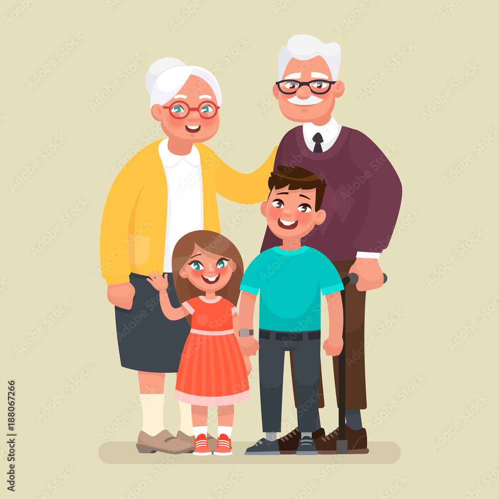 Grandparents with grandchildren. Vector illustration in cartoon style ...