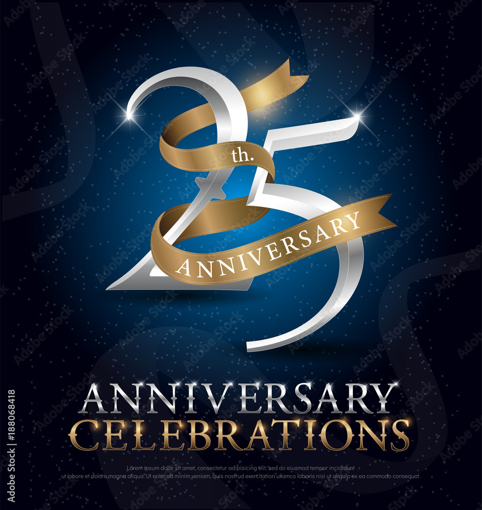 25th years anniversary celebration silver and gold logo with golden ...