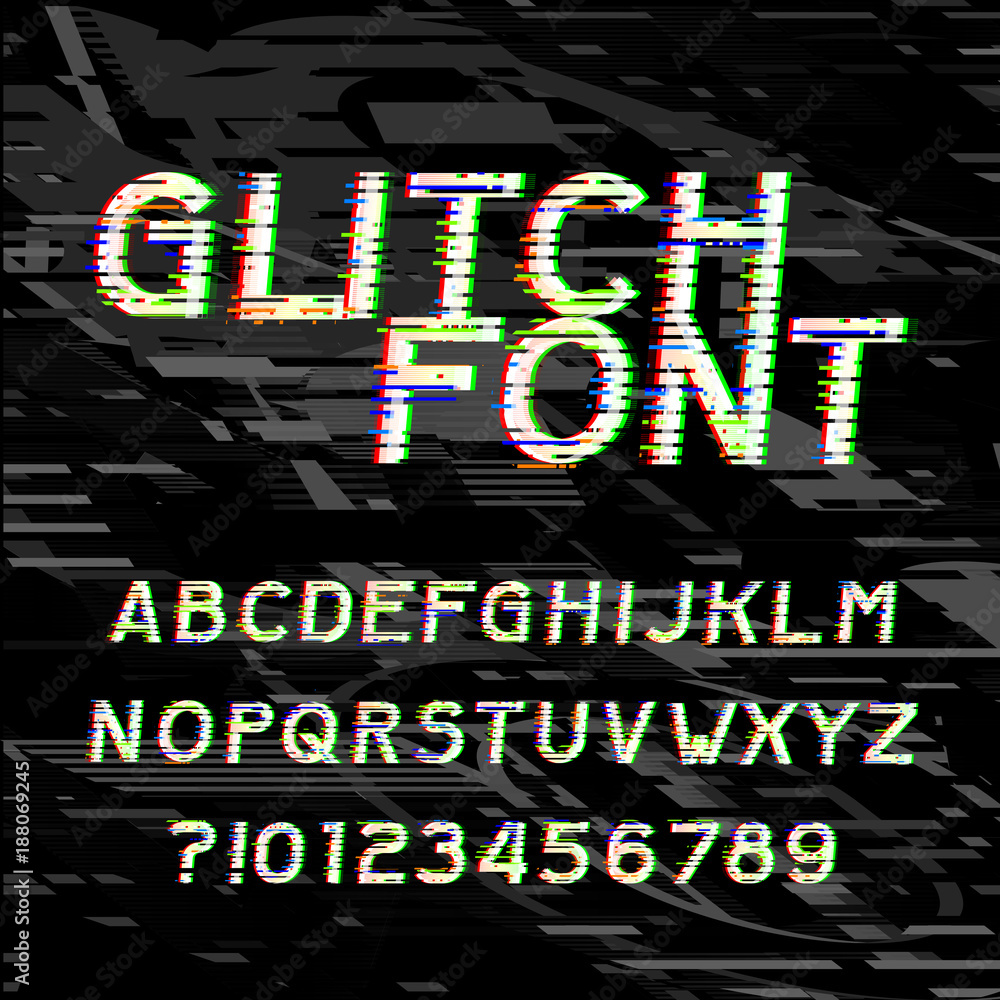 Glitch alphabet font. Type letters and numbers on a glitched background ...