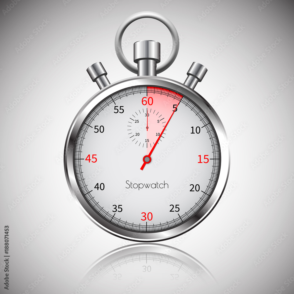 5 seconds. Silver realistic stopwatch with reflection. Vector Stock ...
