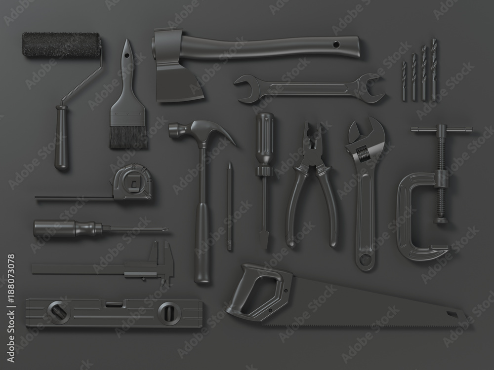 Set of of black tools on black background. Mock up. With paths 3d ...
