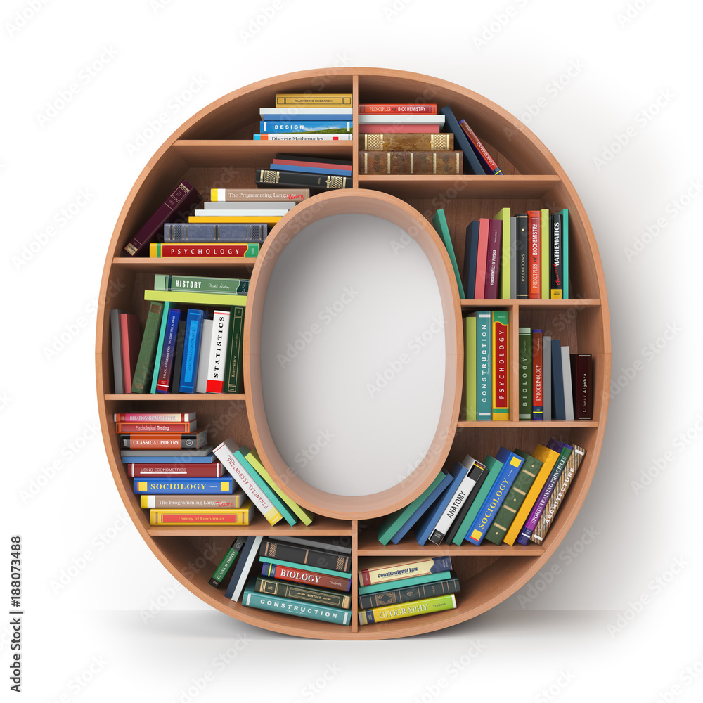 Letter O. Alphabet in the form of shelves with books isolated on white ...