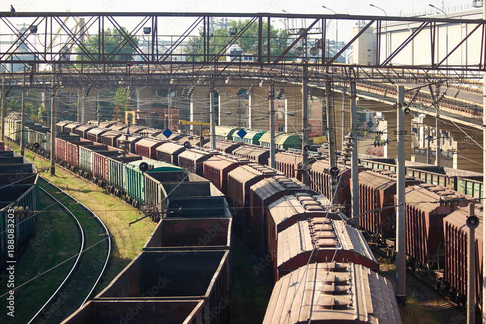 Deserted train depot. Empty old freight trains. Stock Photo | Adobe Stock