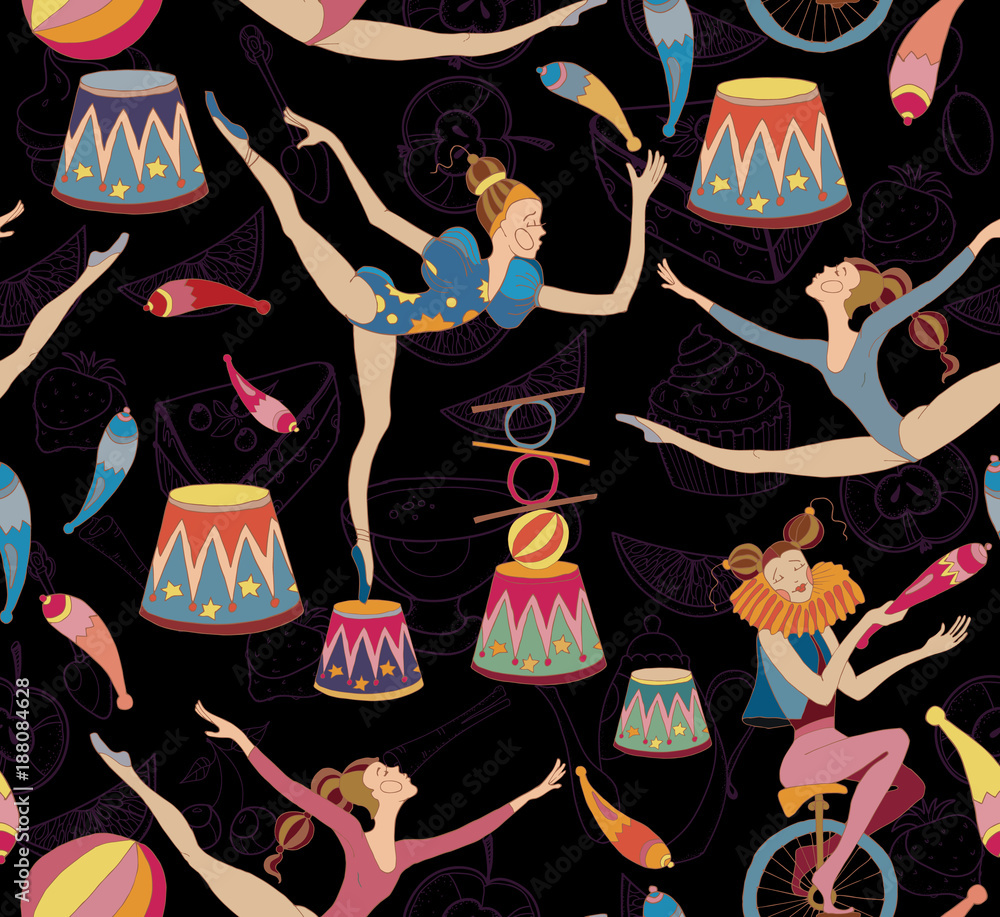 Circus vintage seamless pattern. Acrobat, clown, carnival show actors vector. Retro circus ...