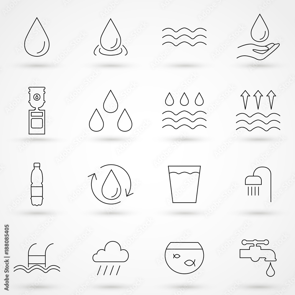 Set of water in modern thin line style. High quality black outline drop ...