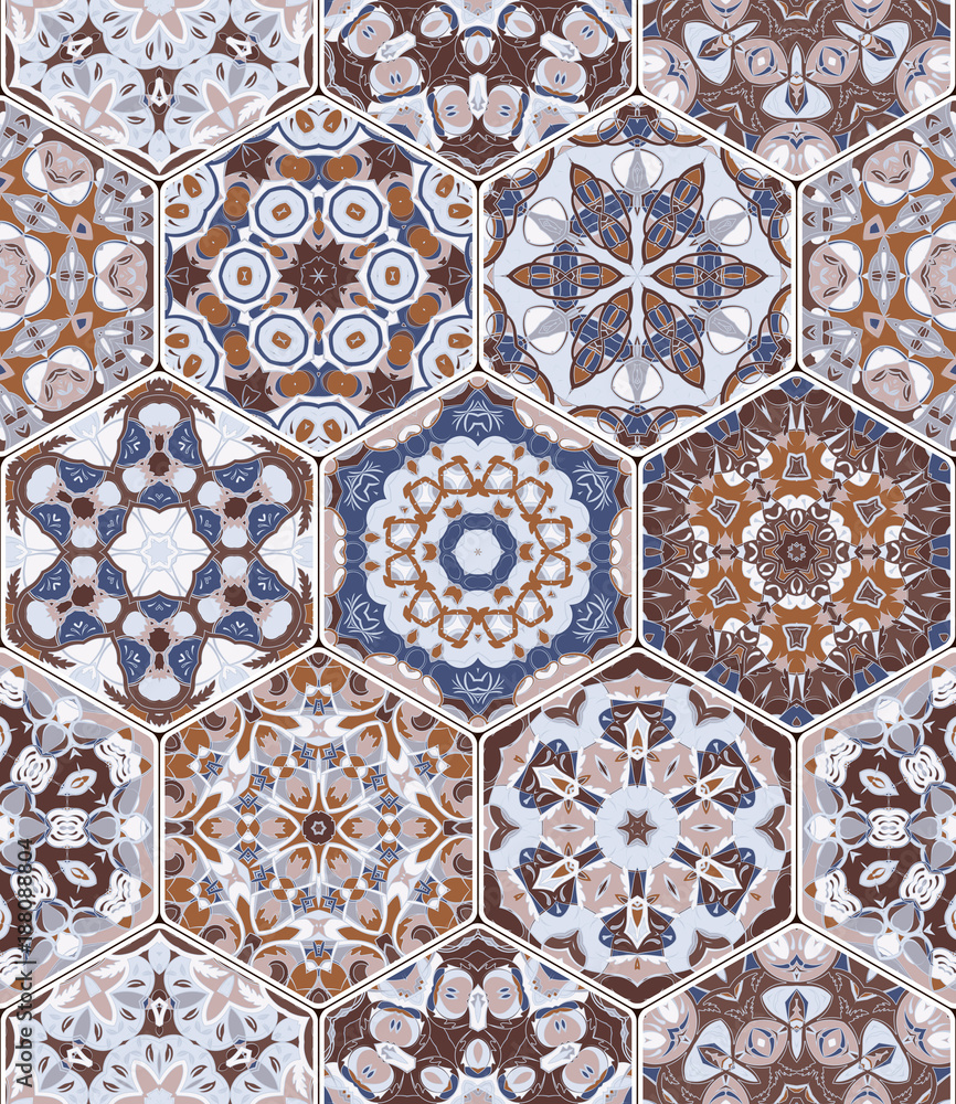 Set of hexagonal patterned tiles. Eastern color pattern for the design ...