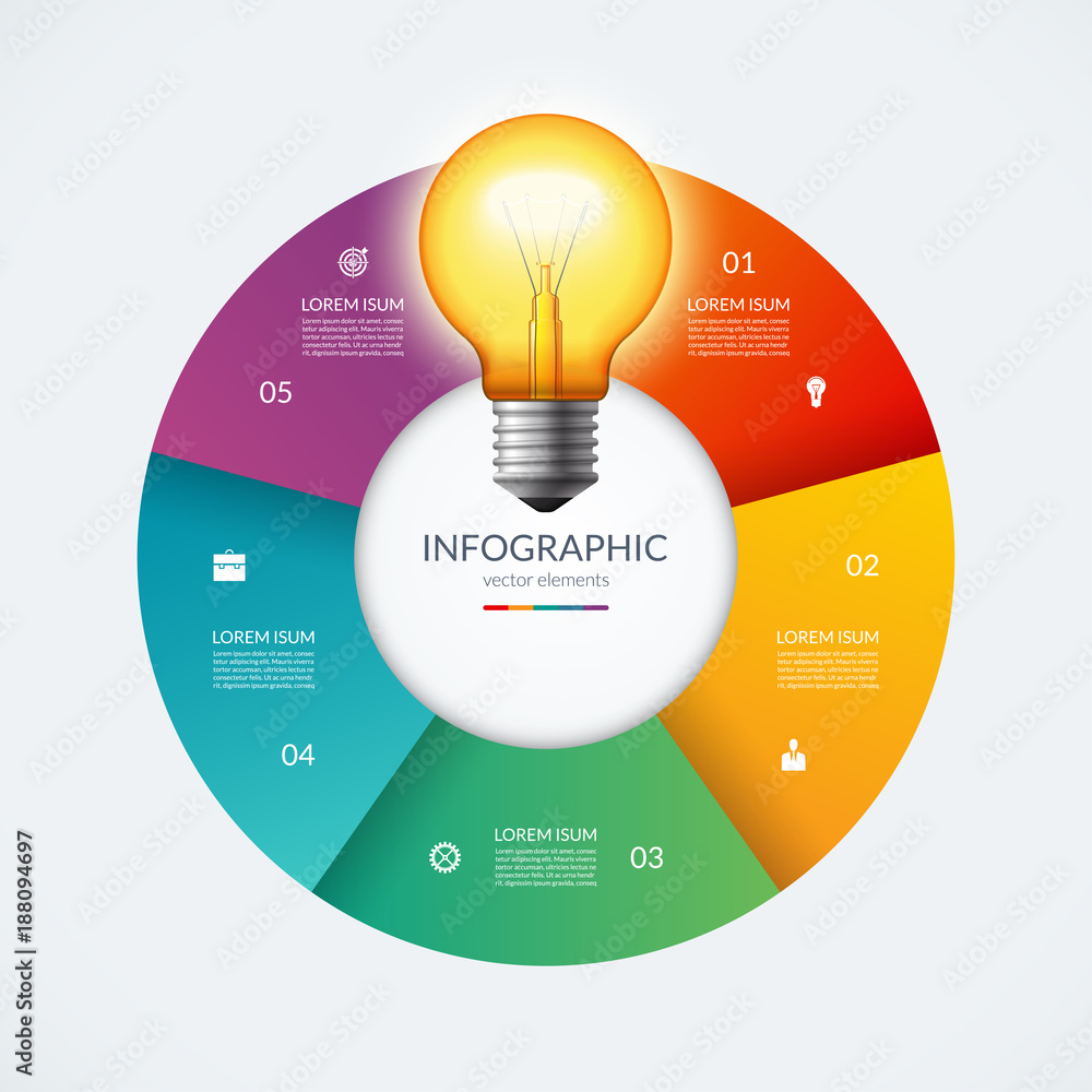Infographic circle with glowing lightbulb. Creative idea concept with 5 ...
