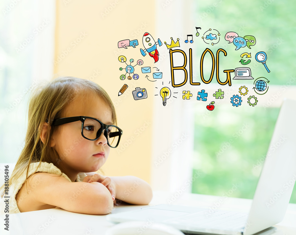 Blog text with little girl using her laptop Stock Photo | Adobe Stock