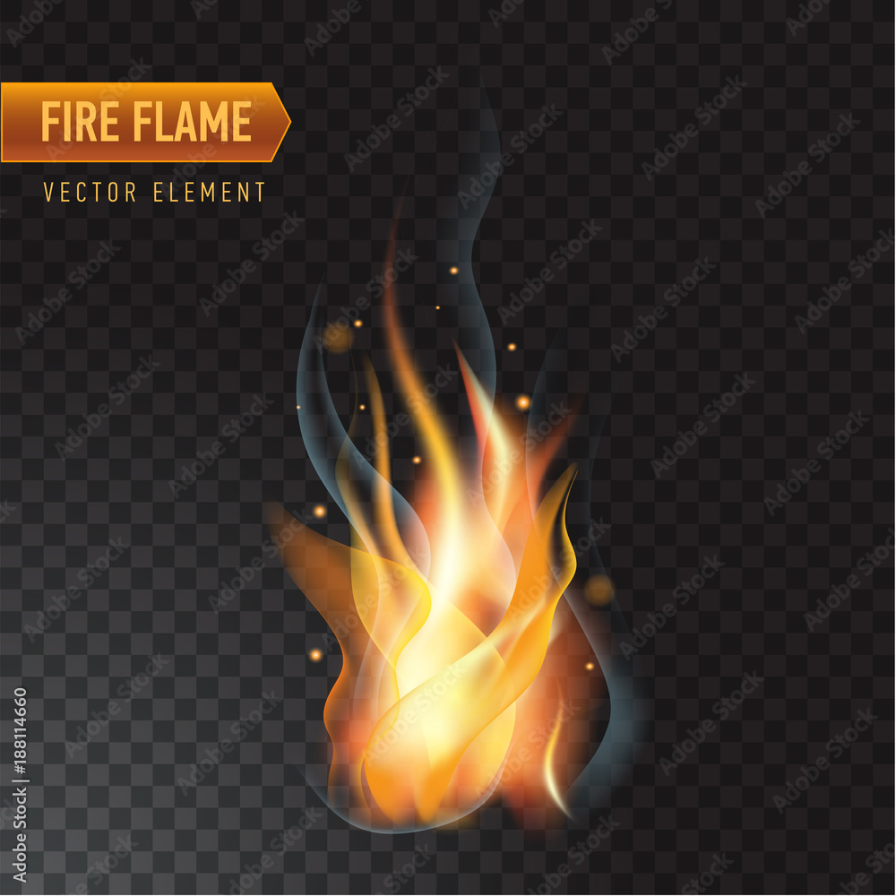 Realistic burning fire flame, vector effect with transparency. Stock ...