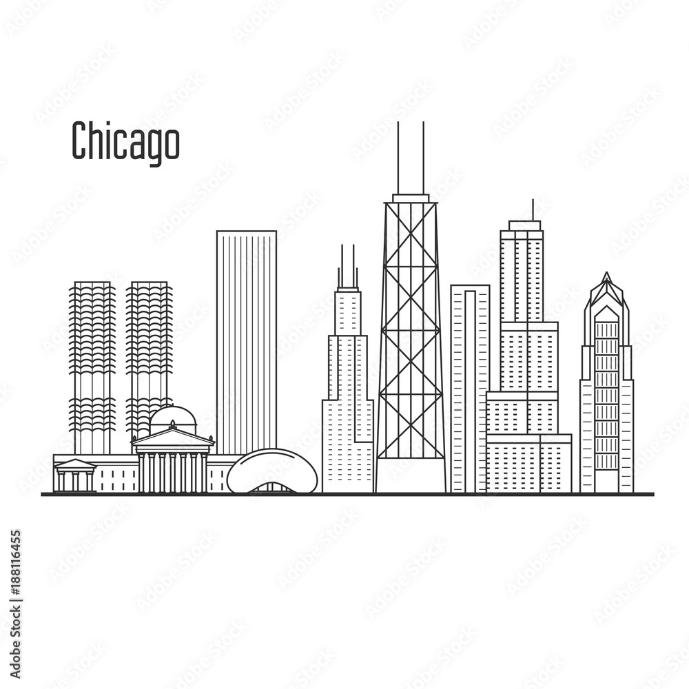 Vetor de Chicago skyline - downtown cityscape, city landmarks in liner ...