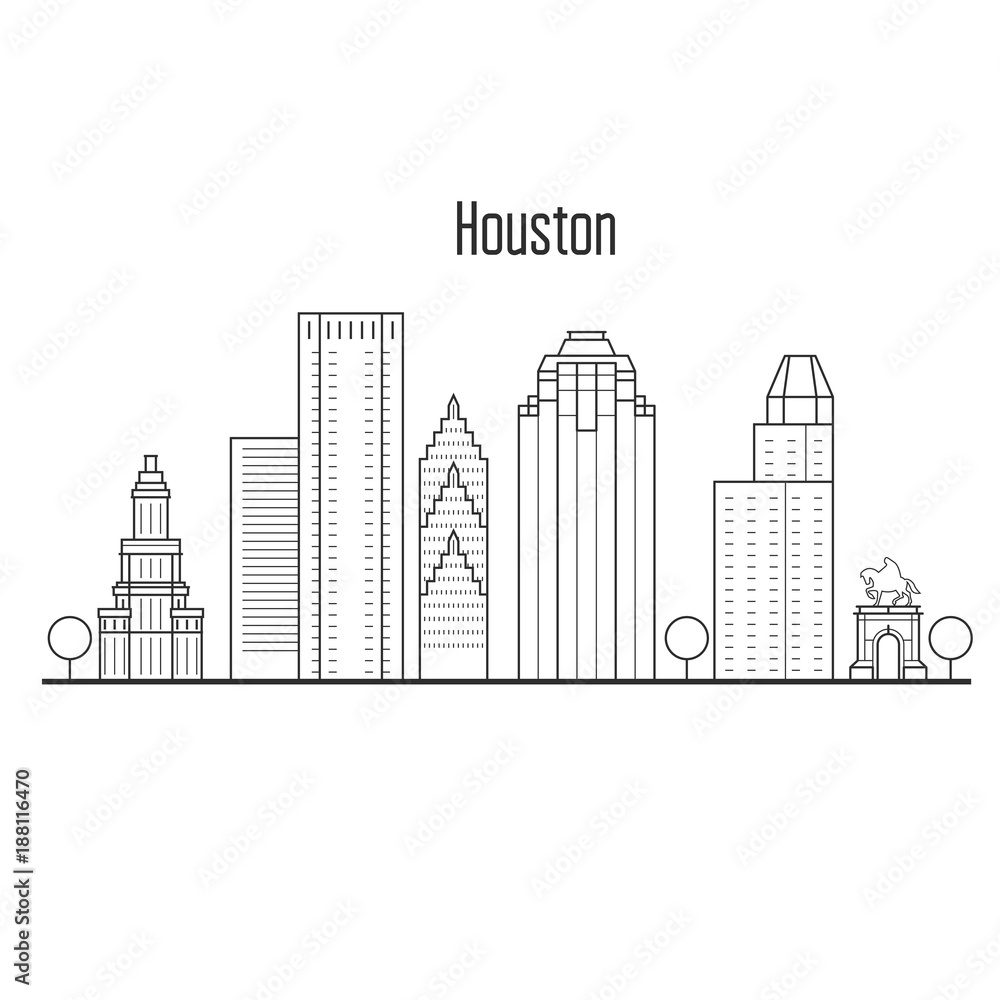 Houston skyline - downtown cityscape, city landmarks in liner style ...