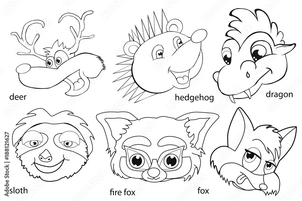 Coloring book. Animal heads. Set. Cartoon style. Isolated image on ...