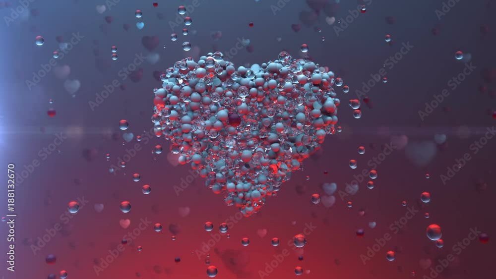 Love heart.Shining Glass balls create valentines heart and exploding ...