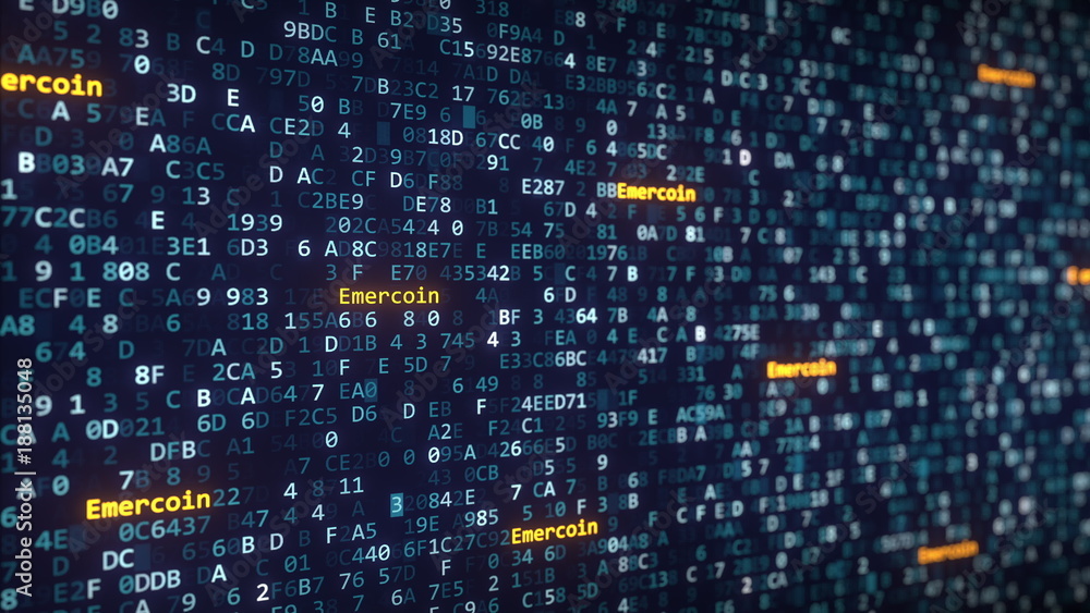 Emercoin captions appearing among changing hexadecimal symbols on a computer screen. 3D ...