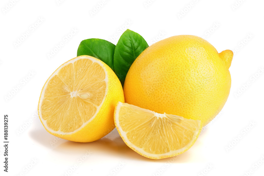 lemon and slice with leaf isolated on white background Stock-Foto ...