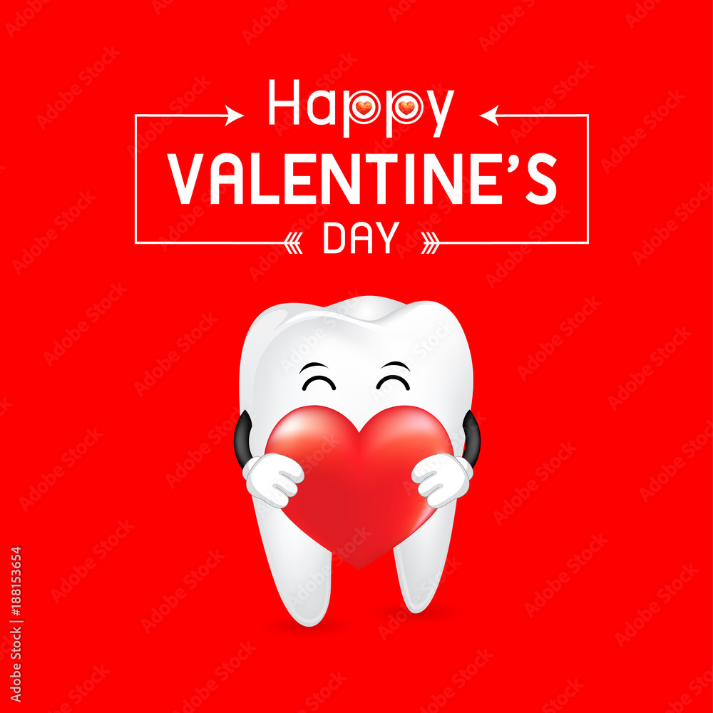 Cute cartoon tooth character holding heart. Happy Valentine's day ...