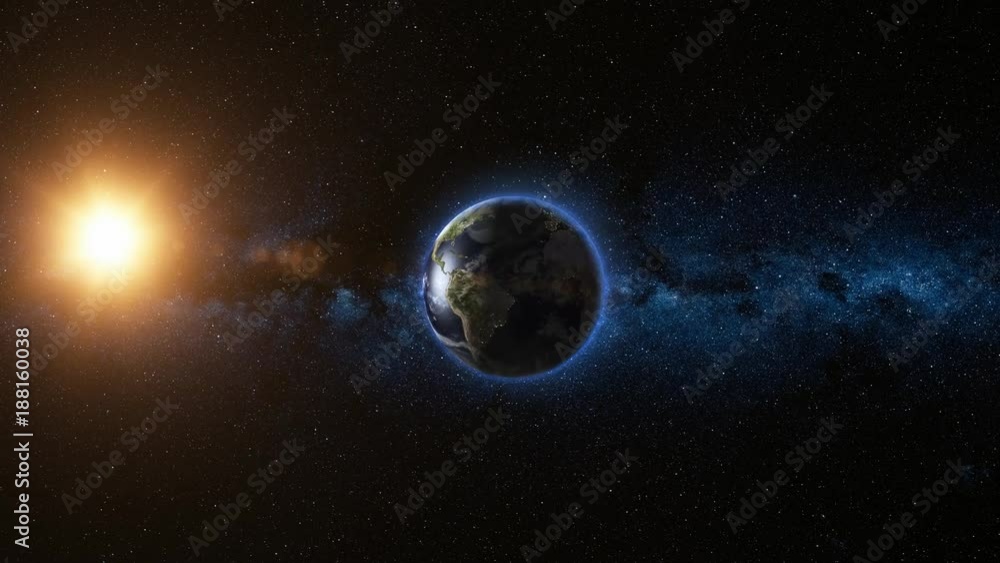 Realistic Earth, rotating in space against the background of the starry ...