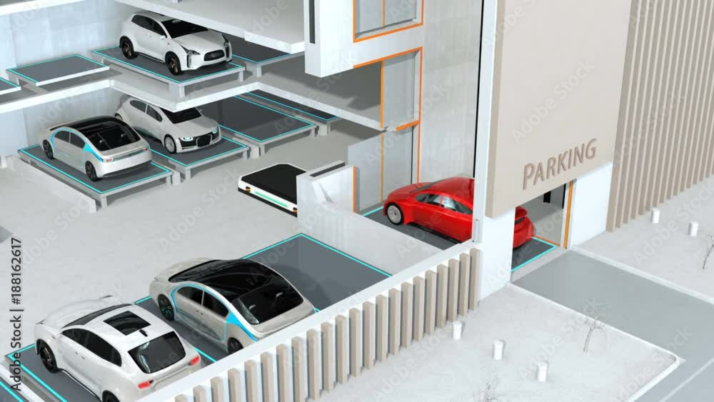 Red car parking by AGV (Automated Guided Vehicle) in cutaway view ...