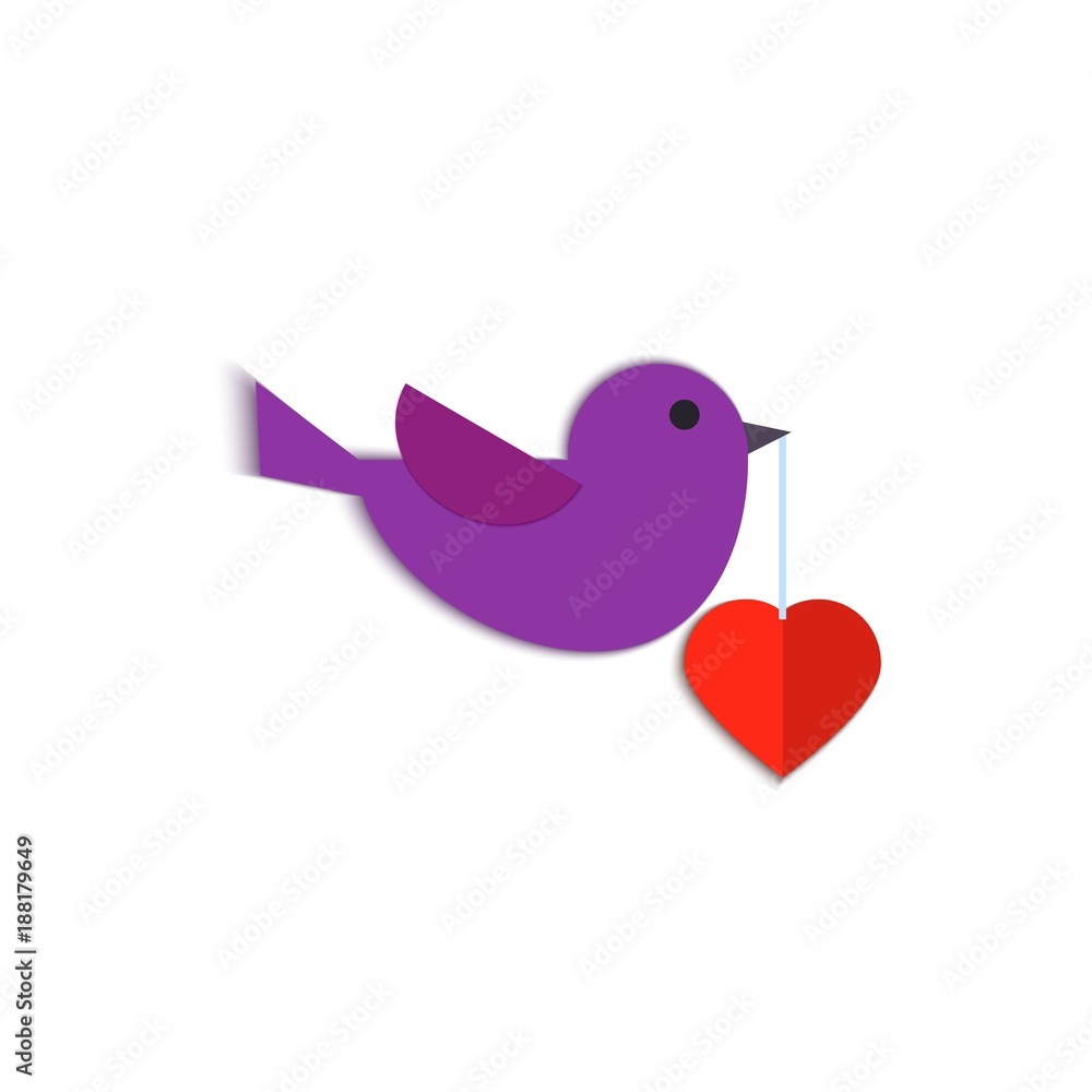 Paper art carve a bird flies with a heart in its beak on white ...