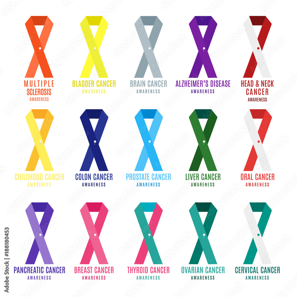 Set of cancer ribbons in different colours with a needle pin. World ...
