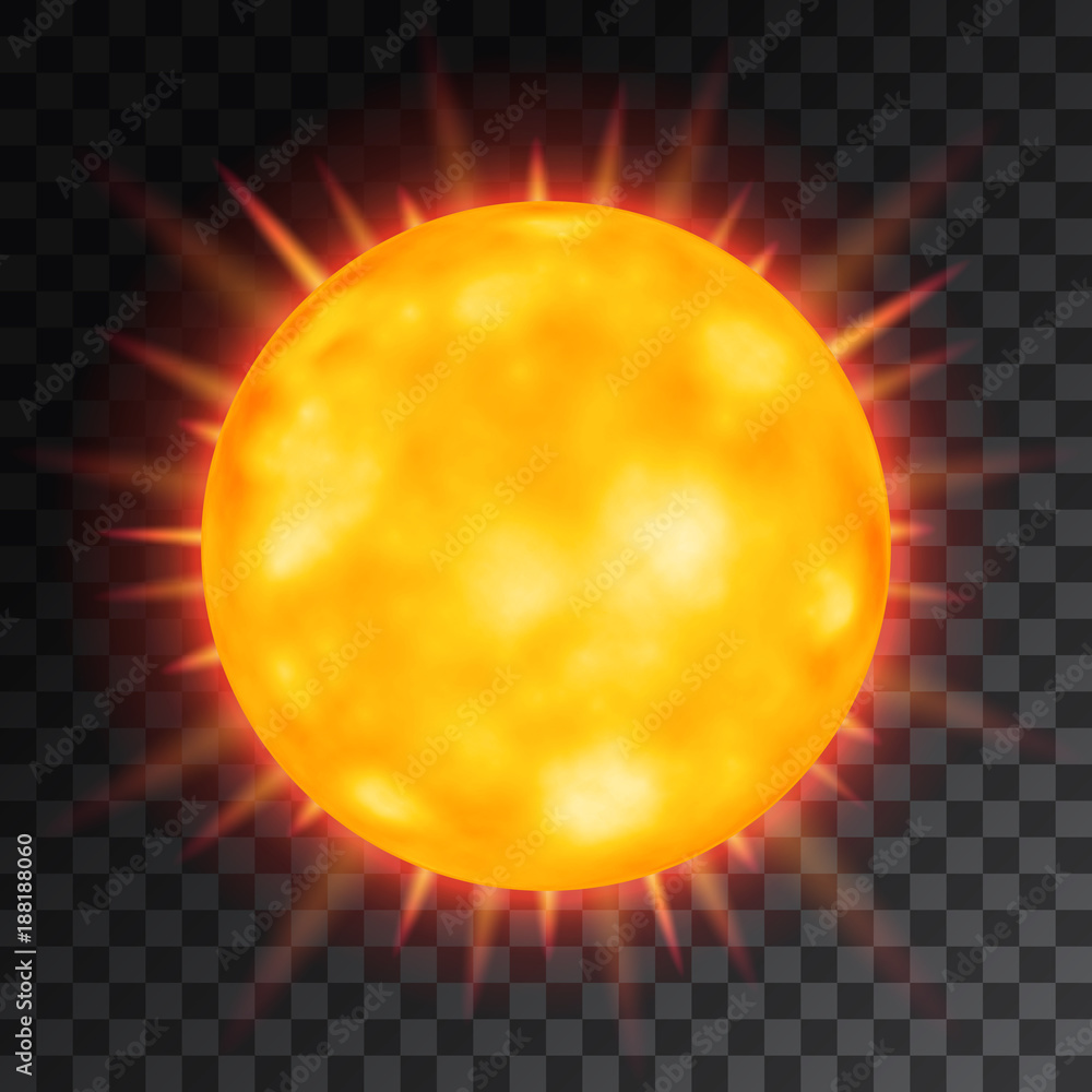 Vector orange sun with rays and glow effect on transparent background ...