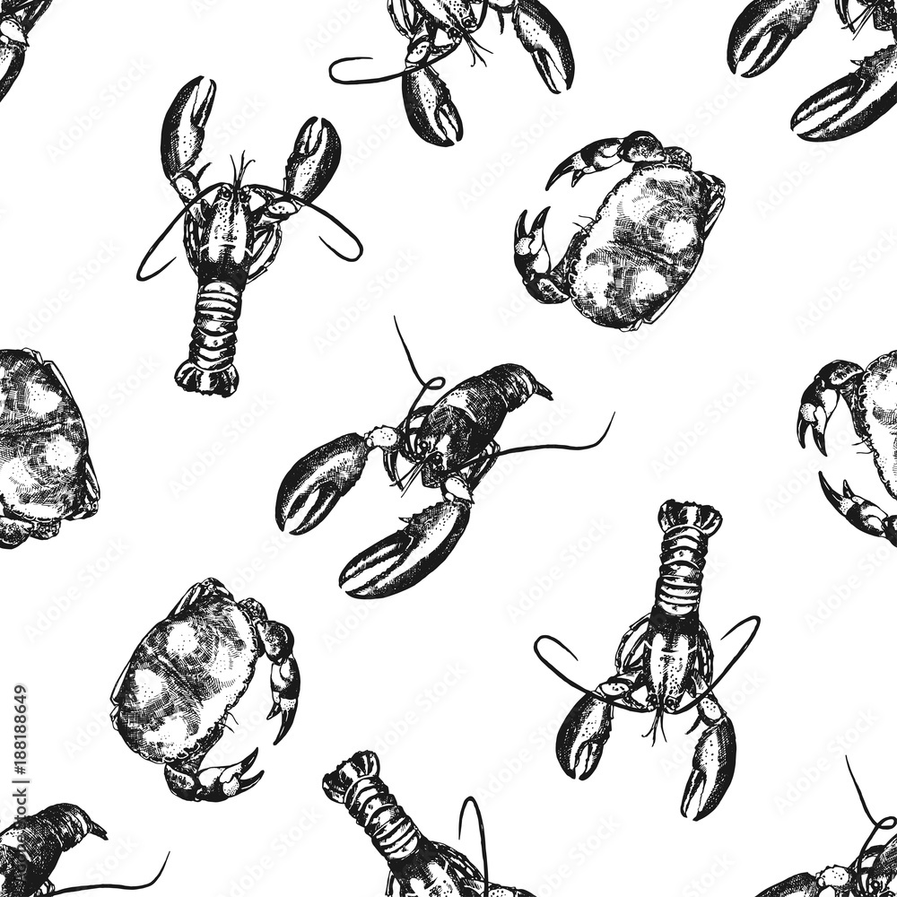 Seamless pattern of hand drawn sketch style lobsters and crabs. Vector ...