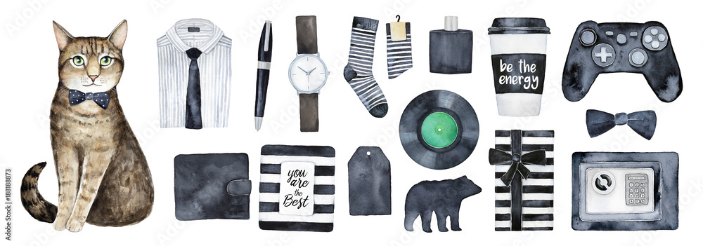 Man presents set. Decor elements for birthday card or other holiday ...