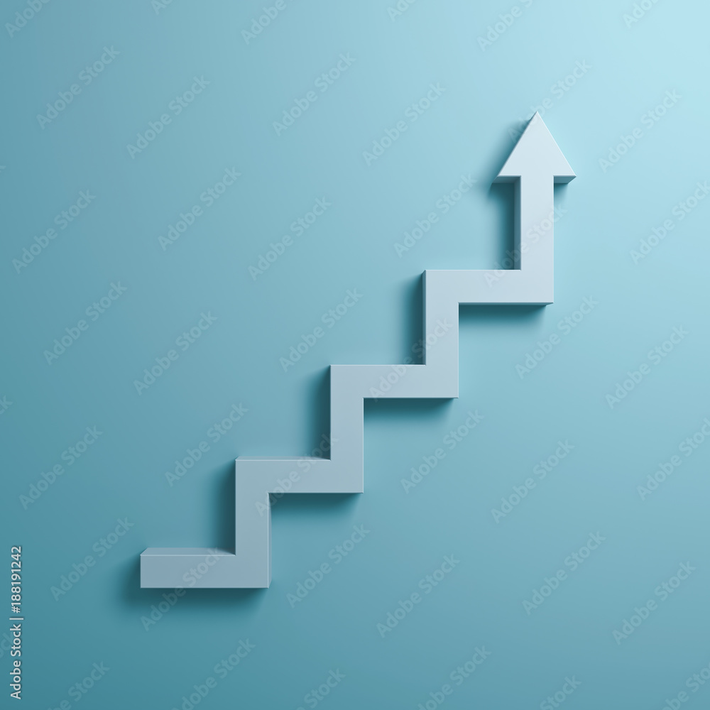Step up arrow on light green pastel color wall background with shadow ...