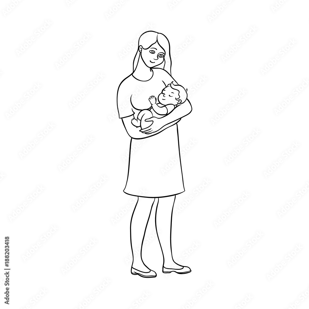 Mother holding her newborn baby, son or daughter, hand drawn vector ...
