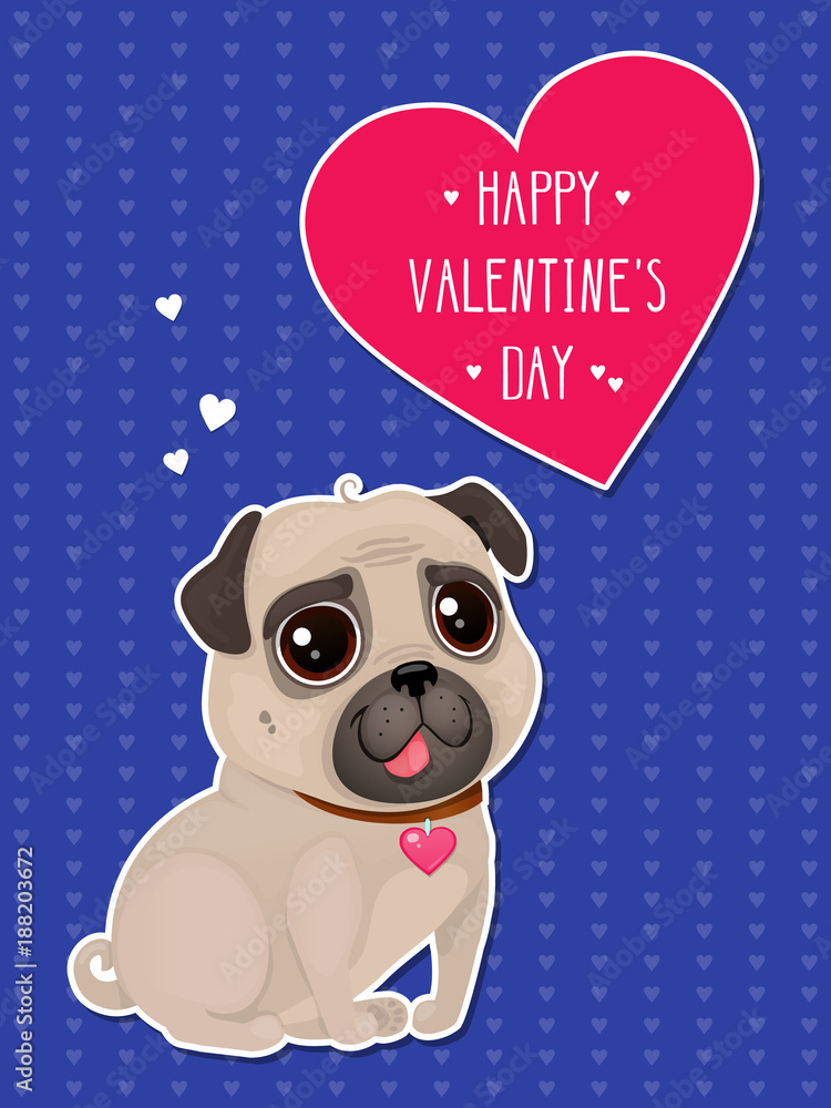 Greeting card for Valentine's Day with a cute pug and heart in cut out ...