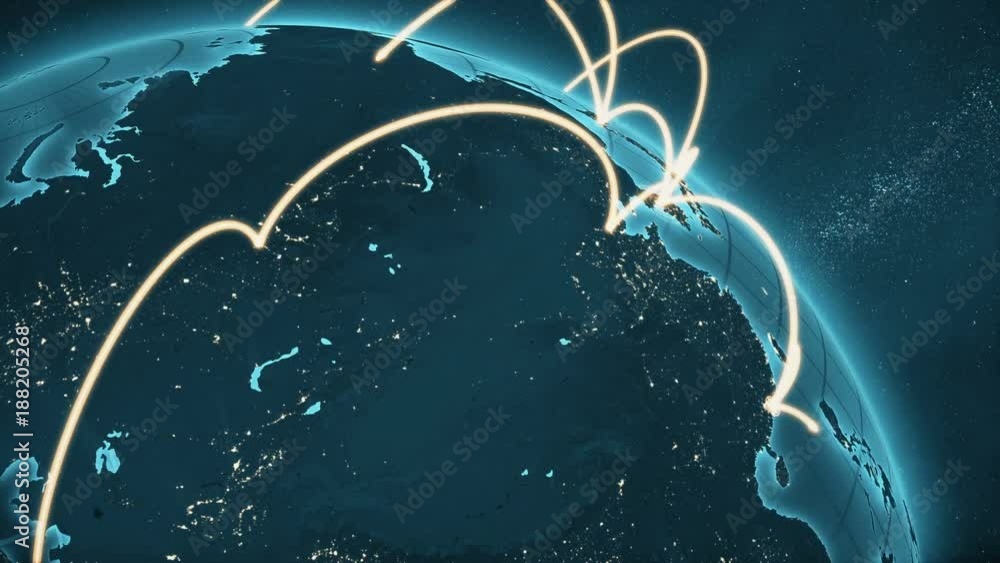 3d animation of a growing network across the world. Abstract global ...