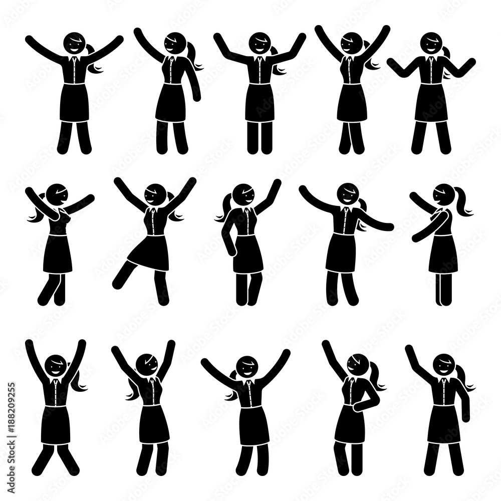 Stick figure happiness, hands up, motion woman set. Vector illustration ...