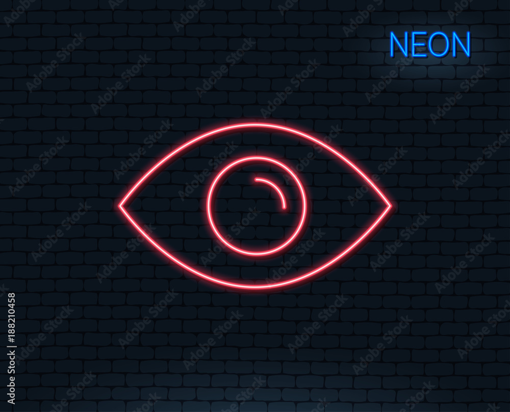 Neon light. Eye line icon. Look or Optical Vision sign. View or Watch ...