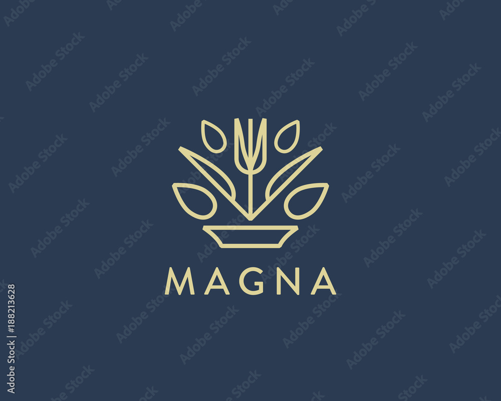 Linear healthy food vector logo design. Fork knife plate leaf logotype ...